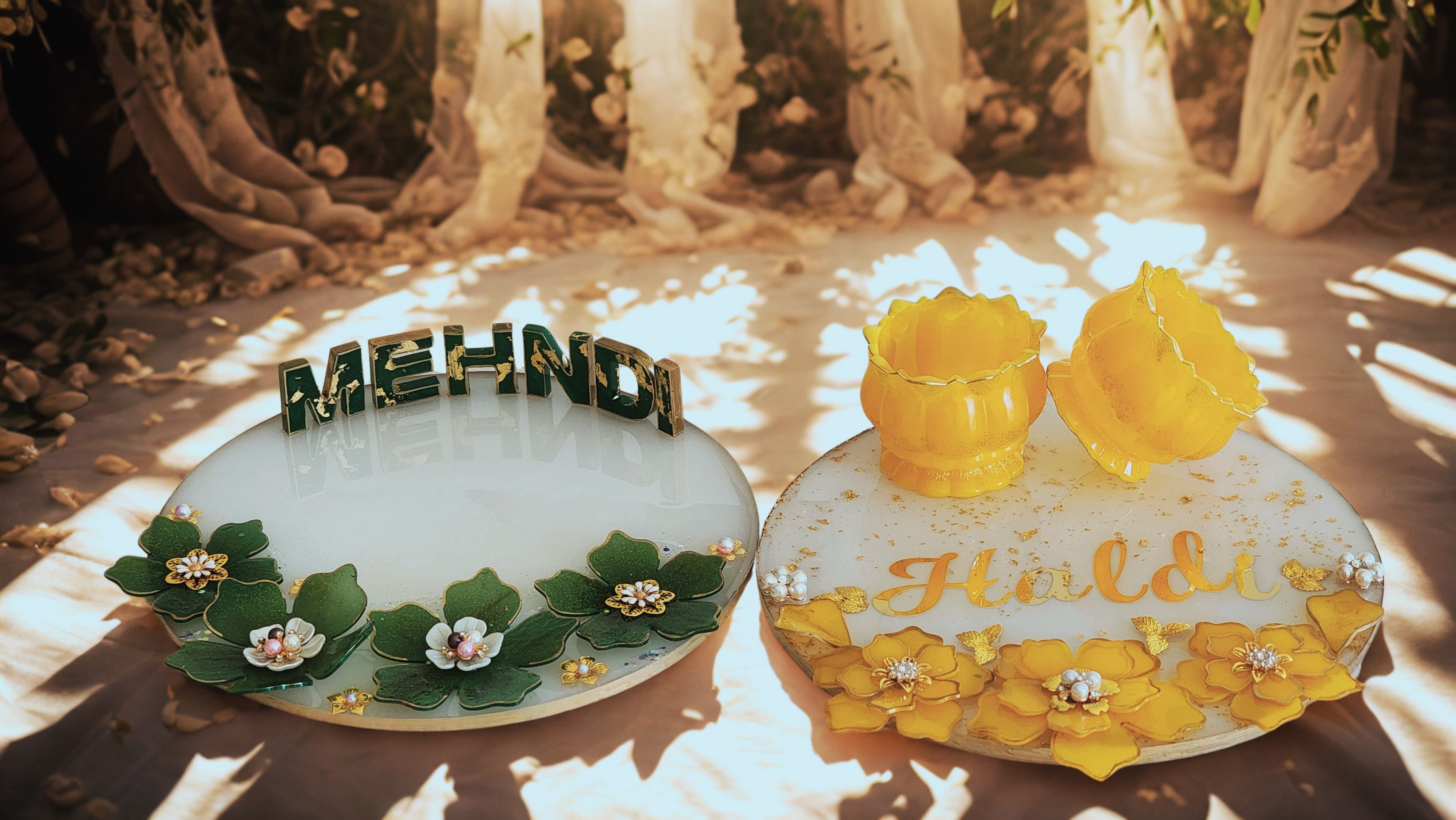 Haldi & Mehndi Resin Thali Set | Custom Wedding Tray Combo by Aakruti